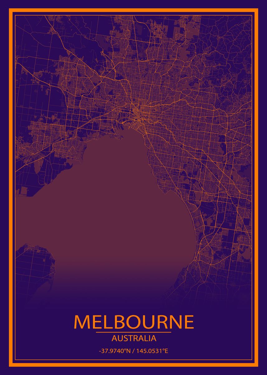 'Melbourne Purple City Map' Poster, picture, metal print, paint by Wall ...