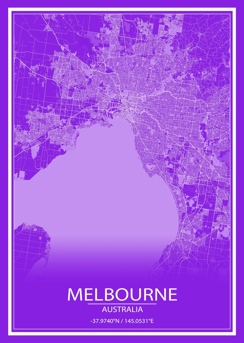 'Melbourne Purple White Map' Poster, picture, metal print, paint by ...