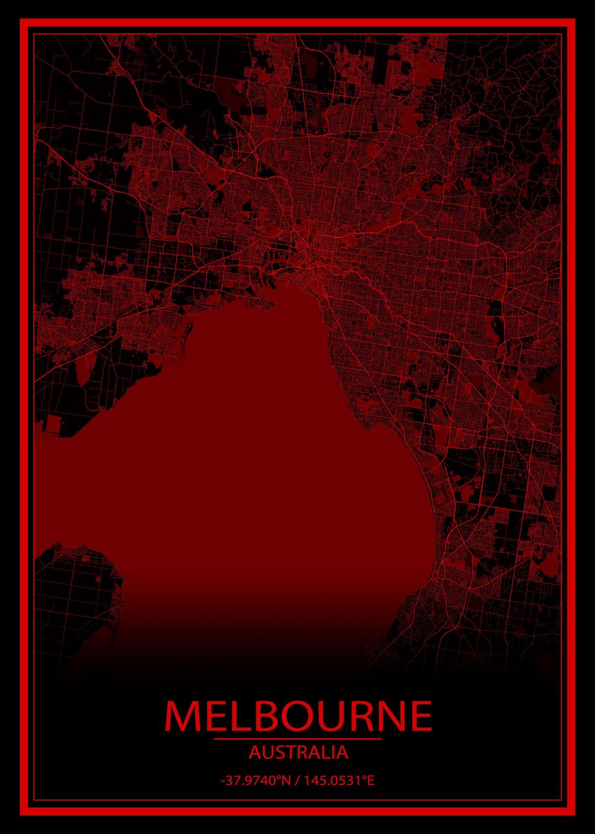 'Melbourne Red Black Map' Poster, picture, metal print, paint by Wall ...