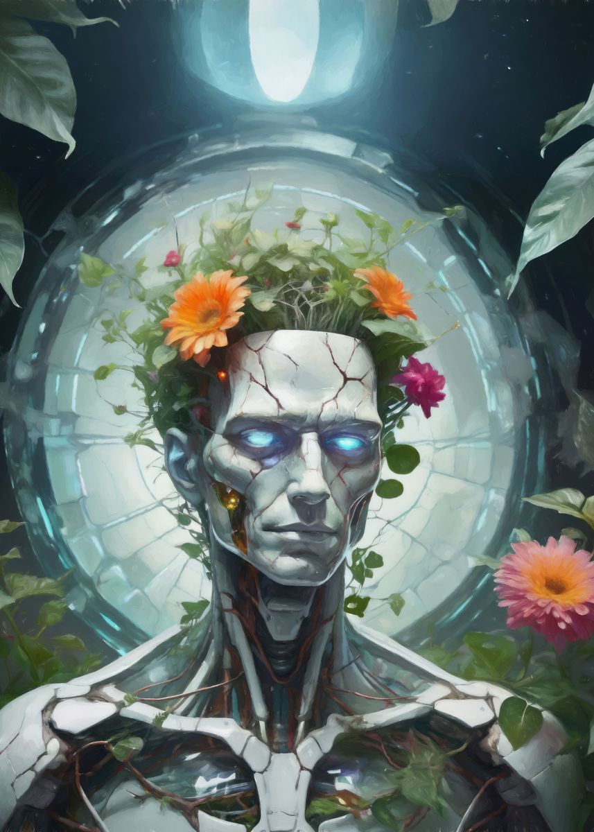 'Cyborg with plants in head' Poster, picture, metal print, paint by ...