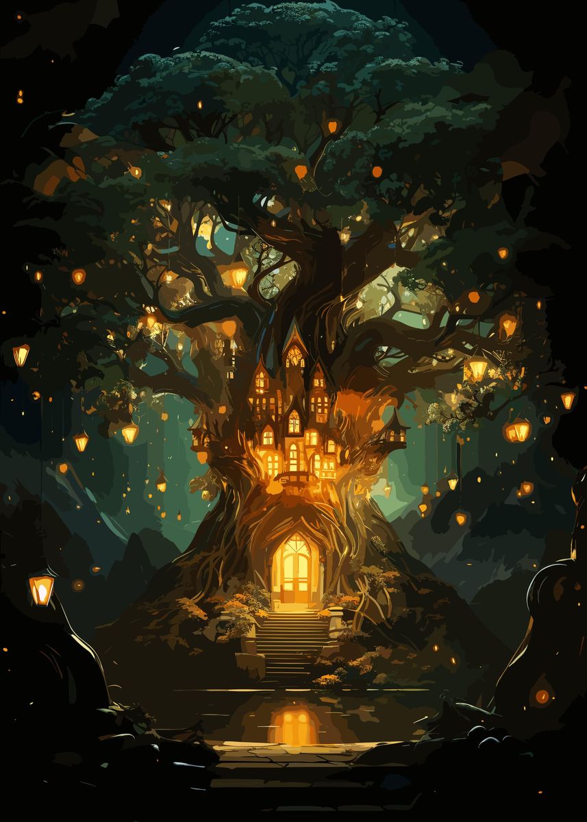 'Fantasy House in a Tree' Poster, picture, metal print, paint by ...