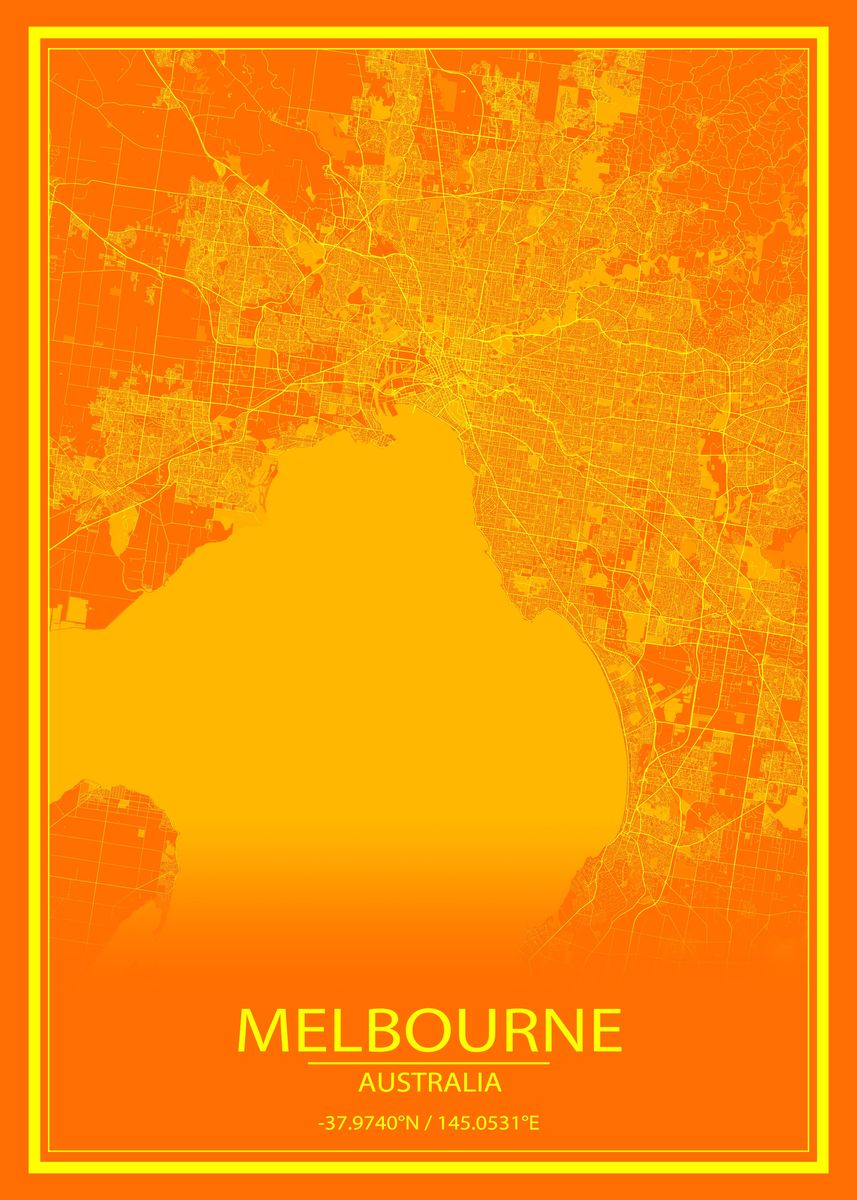 'Melbourne Orange City Map' Poster, picture, metal print, paint by Wall ...