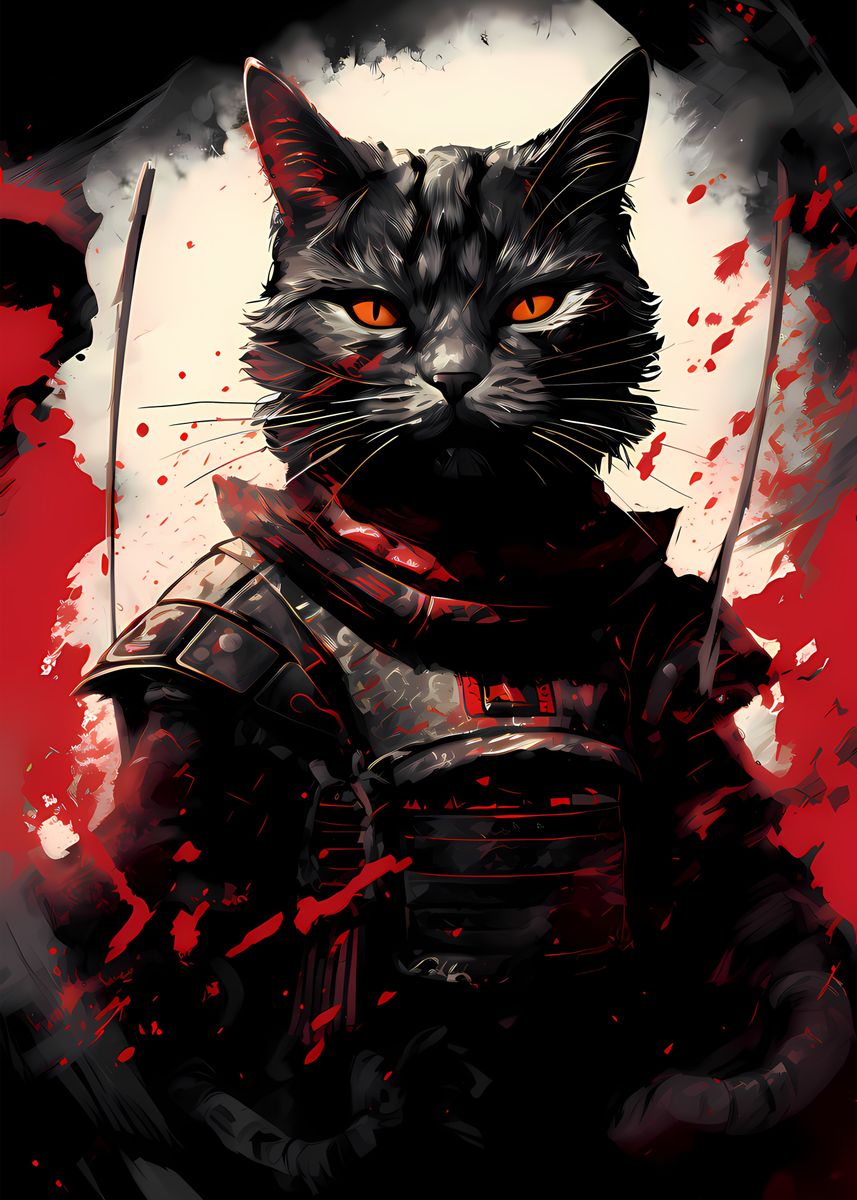 'Cat Samurai Japan Ink' Poster, picture, metal print, paint by Jay ...