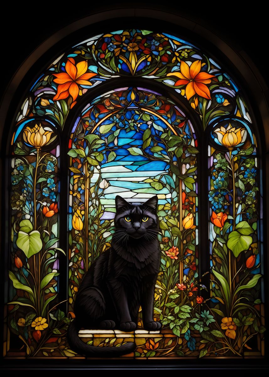 'Black Cat Stained glass Fl' Poster, picture, metal print, paint by ...