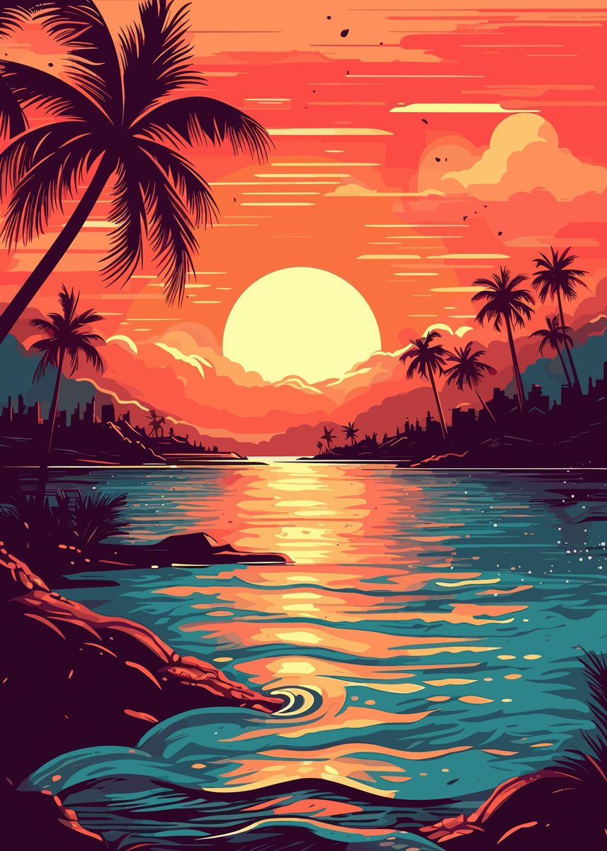 'Beach Sunset Landscape ' Poster, picture, metal print, paint by Rowena ...