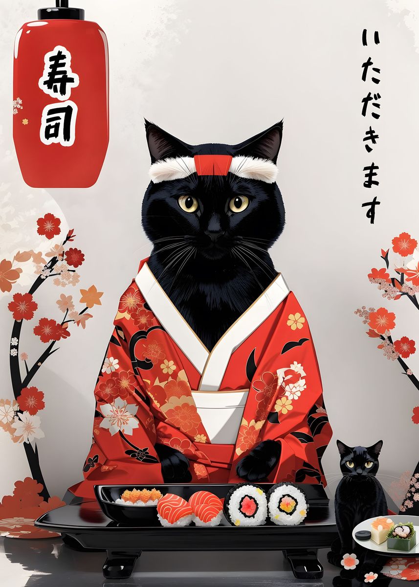 'Black Cat Sushi Chef' Poster, picture, metal print, paint by Xăm Việt ...