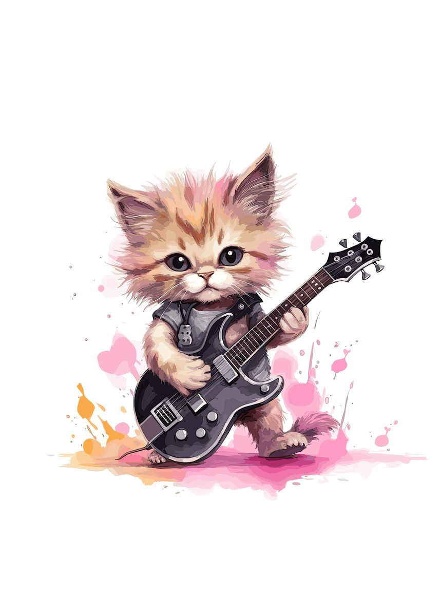 'cat playing guitar cute ' Poster, picture, metal print, paint by ...