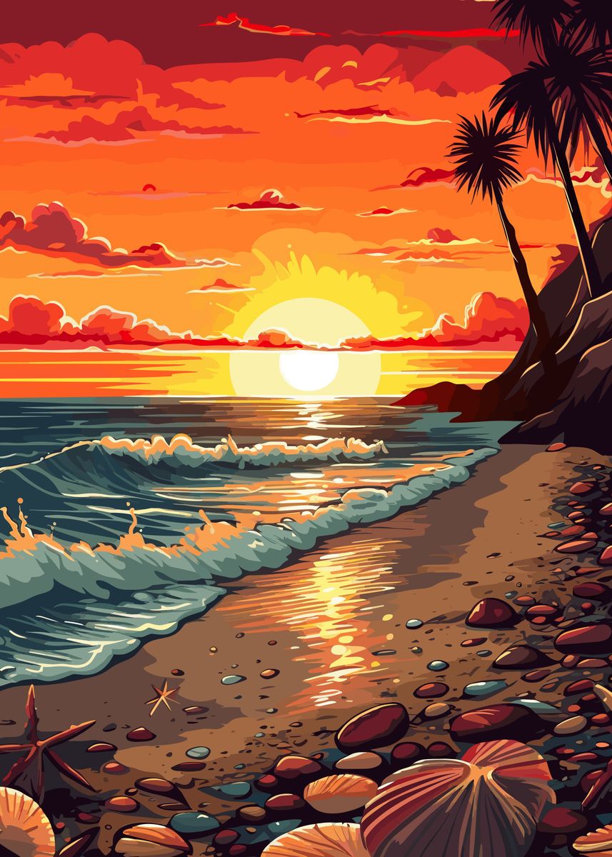 'Beach Sunset Landscape ' Poster, picture, metal print, paint by Rowena ...