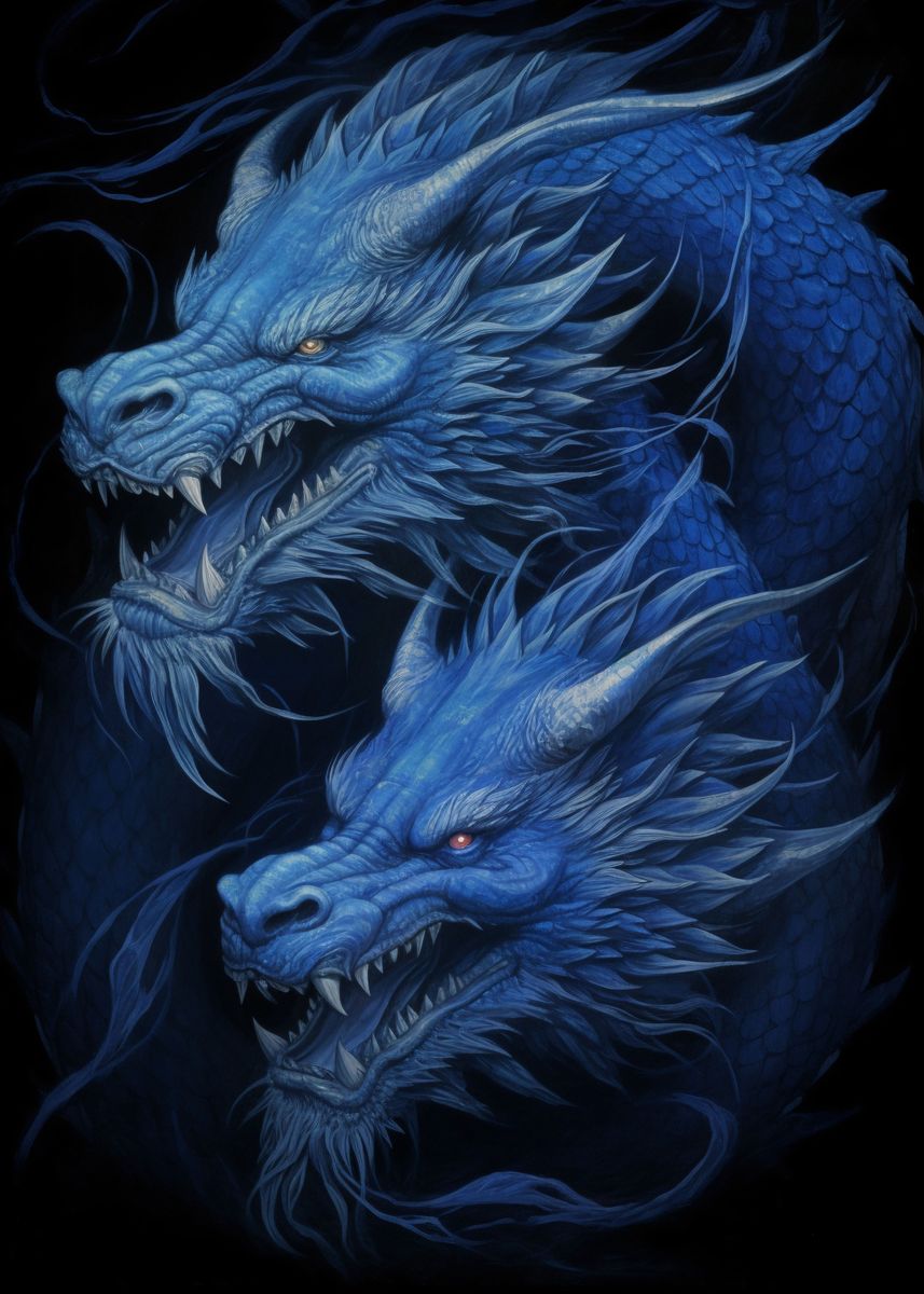 'Double Blue Dragon' Poster, picture, metal print, paint by Cybronauts | Displate
