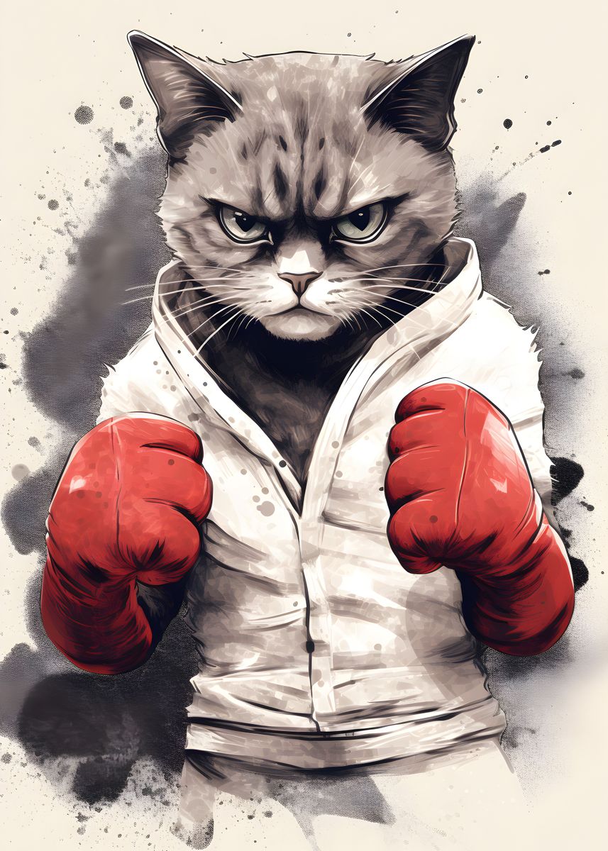 'Cat Boxer Wearing Gloves' Poster, picture, metal print, paint by Chris ...