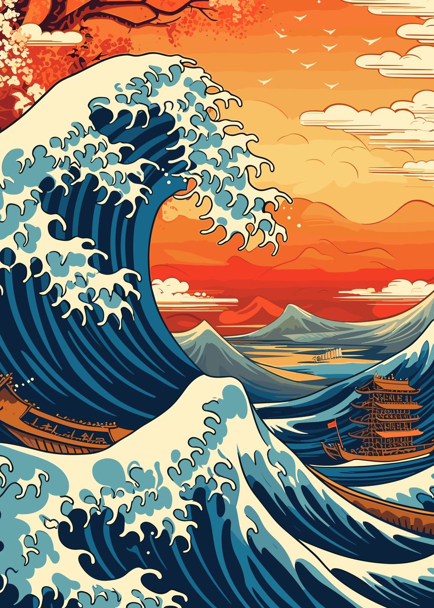 'Massive Waves Japanese' Poster, picture, metal print, paint by Ali Jane | Displate