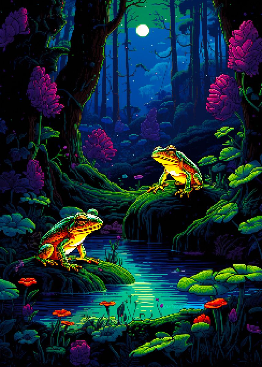 'Peaceful Retro Frogs Pixel' Poster, picture, metal print, paint by ...