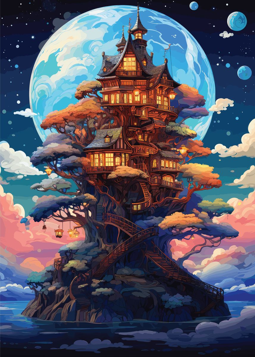 'Fantasy Treehouse and Moon' Poster, picture, metal print, paint by ...