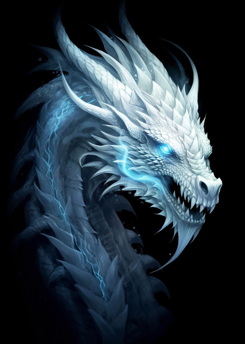'Blue Eyed White Ice Dragon' Poster, picture, metal print, paint by Cybronauts | Displate