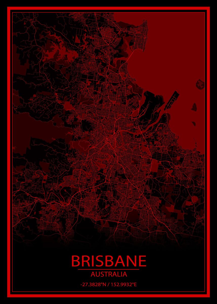 'Brisbane Black and Red Map' Poster by Wall Art Physical | Displate