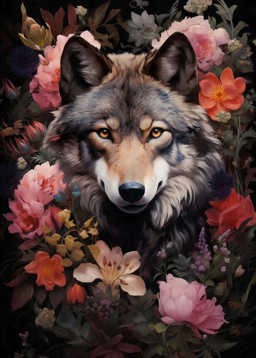 'Wolf Flowers' Poster, picture, metal print, paint by Mateusz Ślemp | Displate
