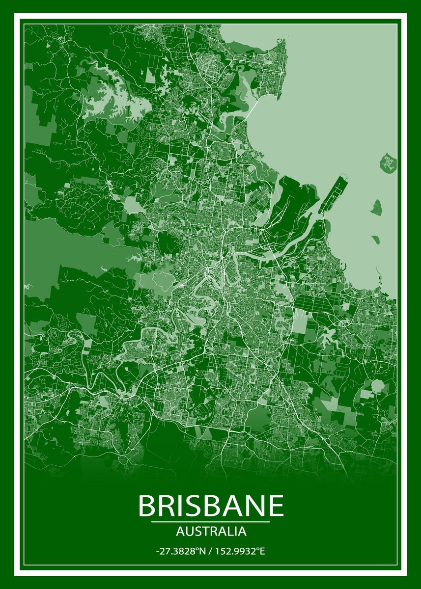 'Brisbane Green White Map' Poster, picture, metal print, paint by Wall ...