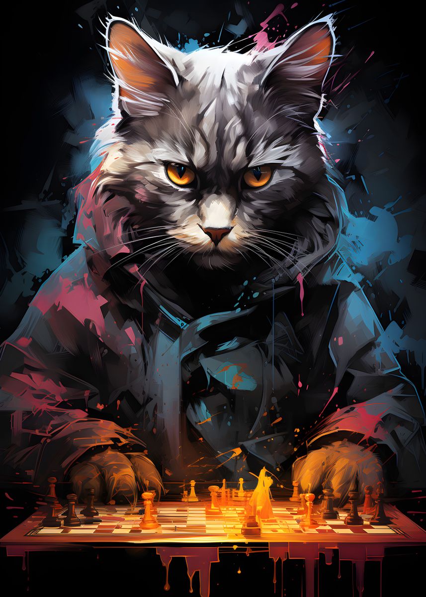 'Strategic Cat Chess Master' Poster, picture, metal print, paint by Chris Nolan | Displate