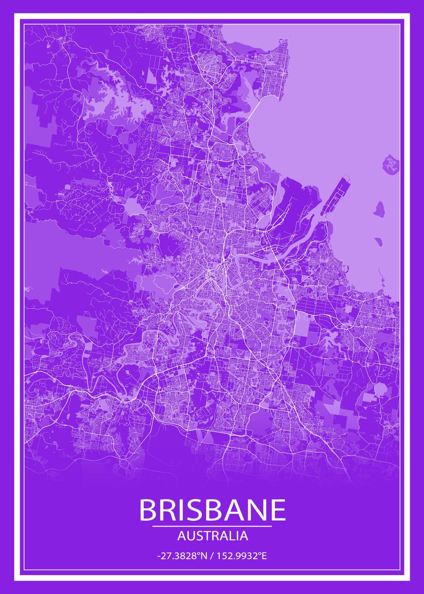 'Brisbane Purple White Map' Poster, picture, metal print, paint by Wall ...