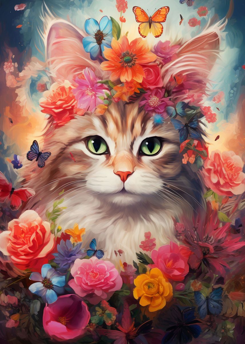 'Cat Flowers 2' Poster, picture, metal print, paint by Mateusz Ślemp ...