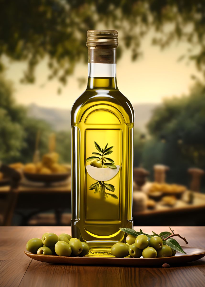 'Olive Oil Bottle Olives' Poster, picture, metal print, paint by Chris ...