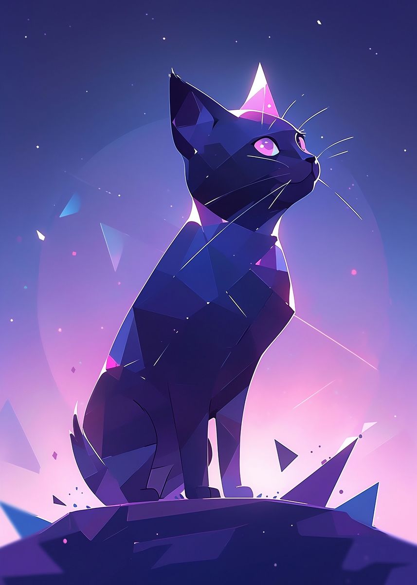 'Polygon cat at night' Poster, picture, metal print, paint by ...