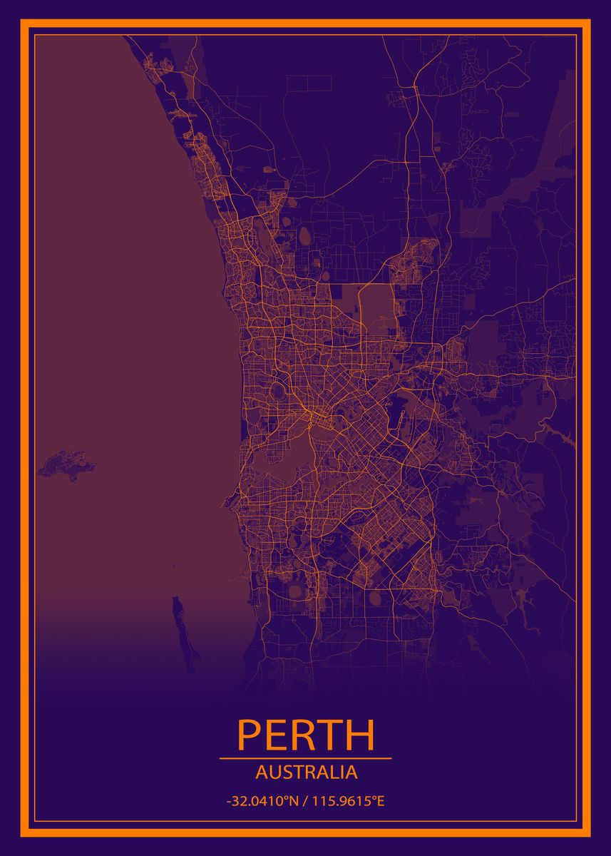 'Perth Purple Orange Map' Poster, picture, metal print, paint by Wall ...