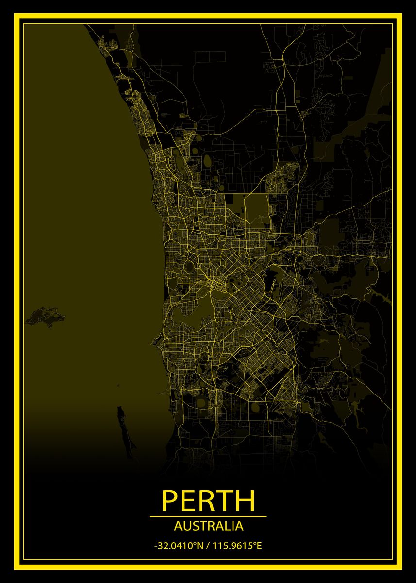 'Perth Yellow and Black Map' Poster, picture, metal print, paint by ...
