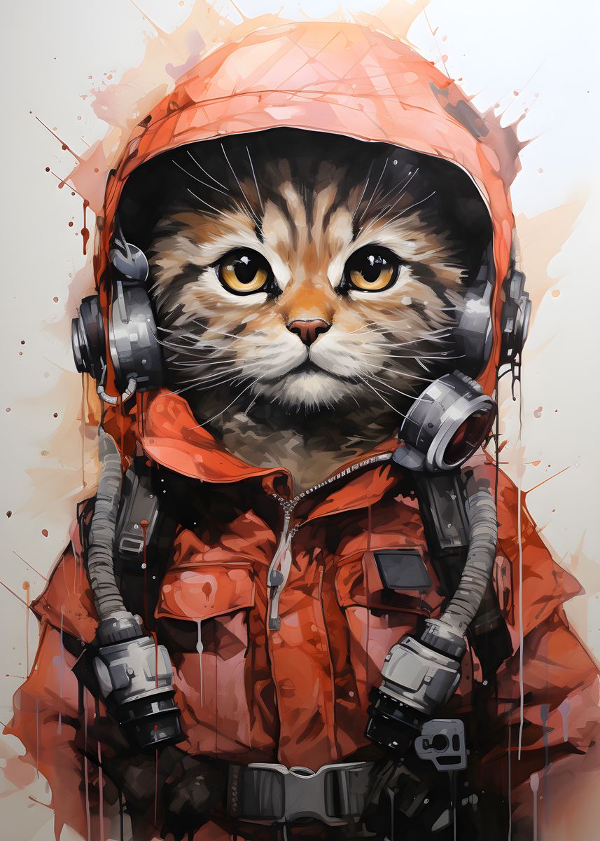 'Cat Aviator in Orange' Poster, picture, metal print, paint by Chris ...