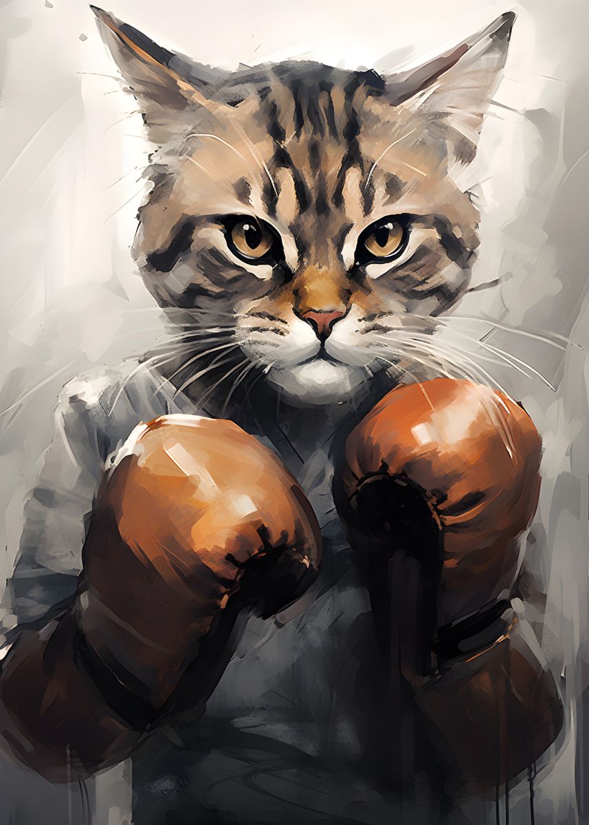 'Cat Boxing Red Gloves' Poster, picture, metal print, paint by Chris ...