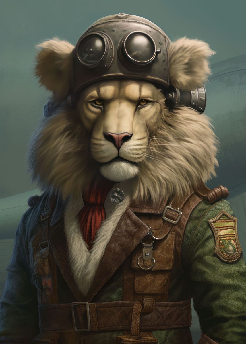 'Lion as a Pilot' Poster, picture, metal print, paint by Frank Hirschle ...
