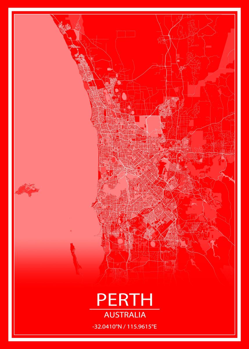 'Perth Red White City Map' Poster, picture, metal print, paint by Wall ...