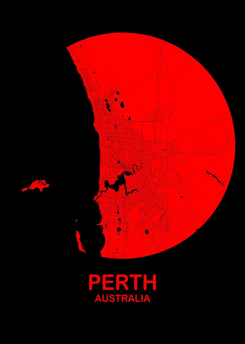 'Perth Black Red Circle Map' Poster, picture, metal print, paint by ...