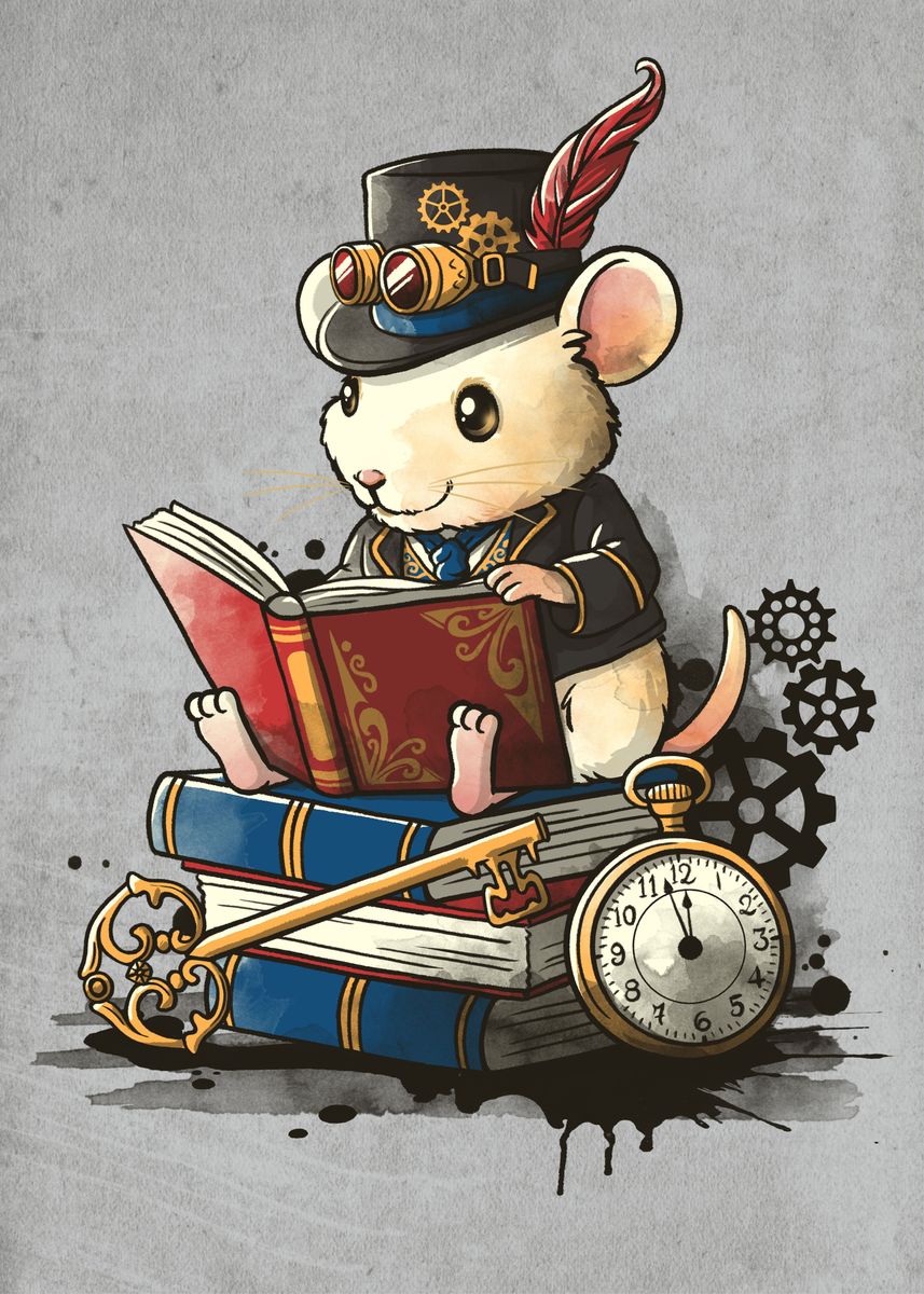 'Steampunk mouse reader' Poster, picture, metal print, paint by ...