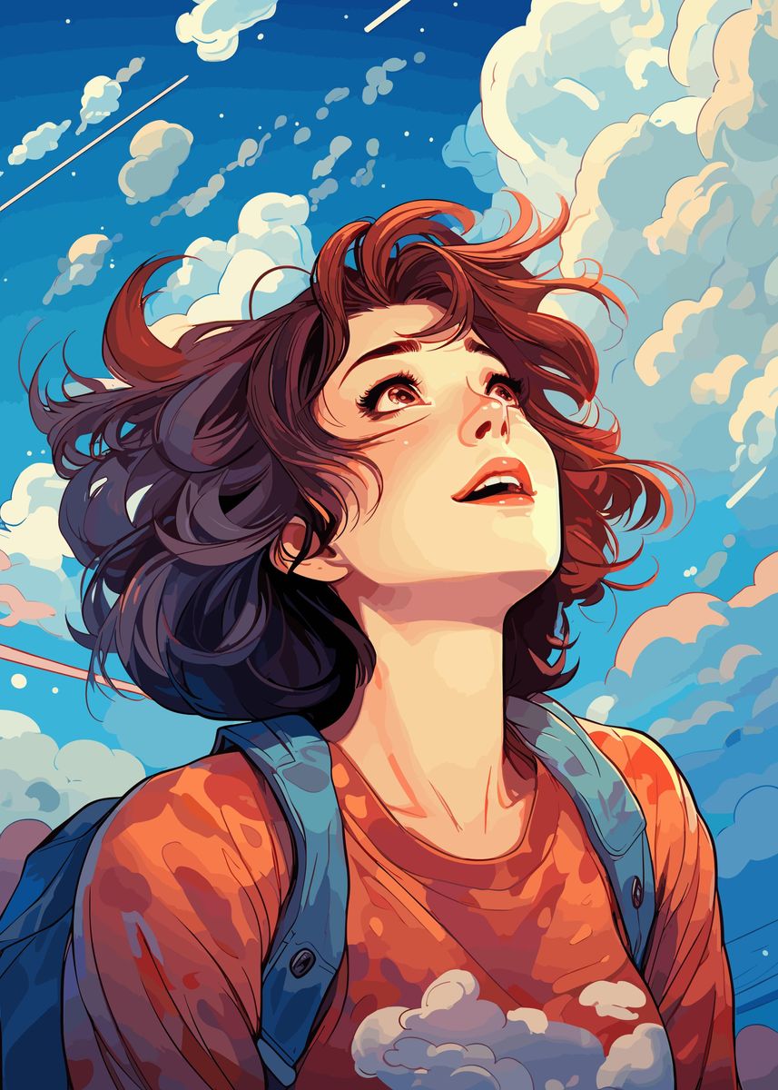 'Curious Anime Girl Clouds' Poster, picture, metal print, paint by ...