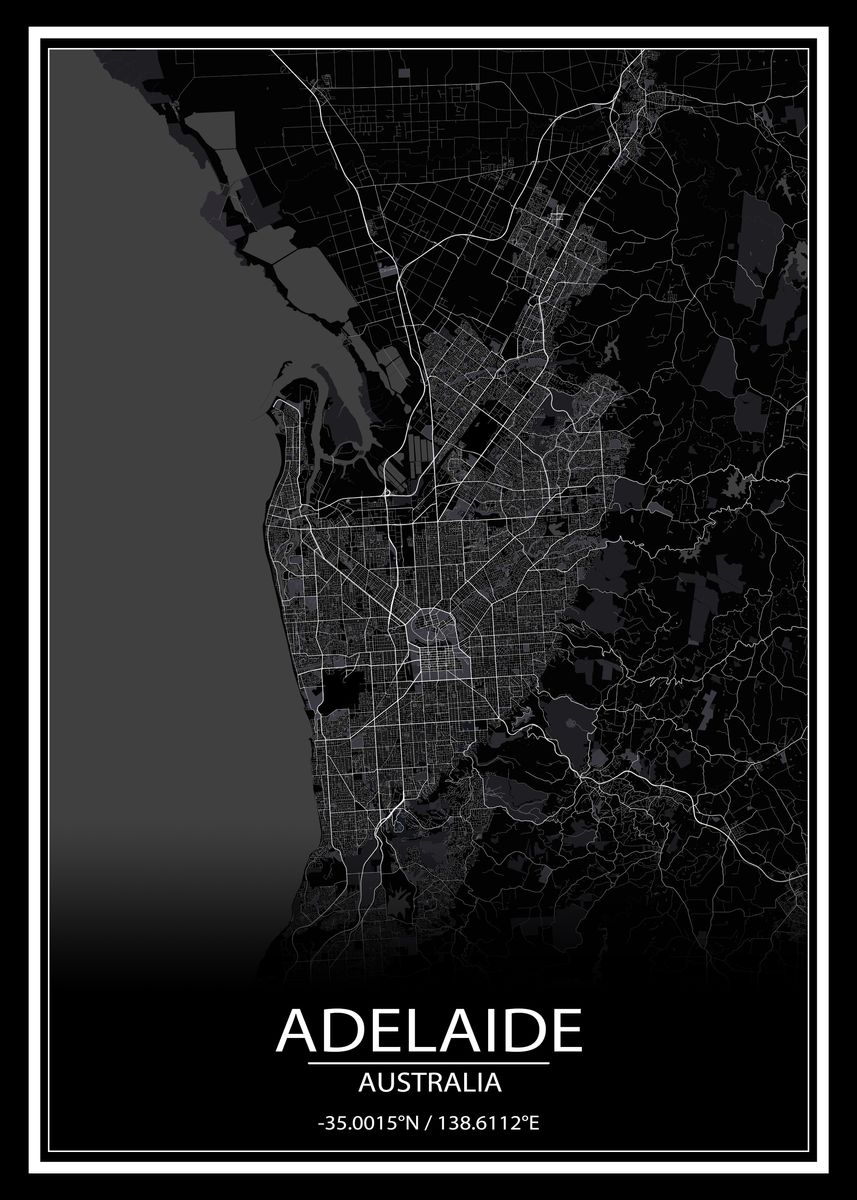 'Adelaide Black City Map' Poster by Wall Art Physical | Displate