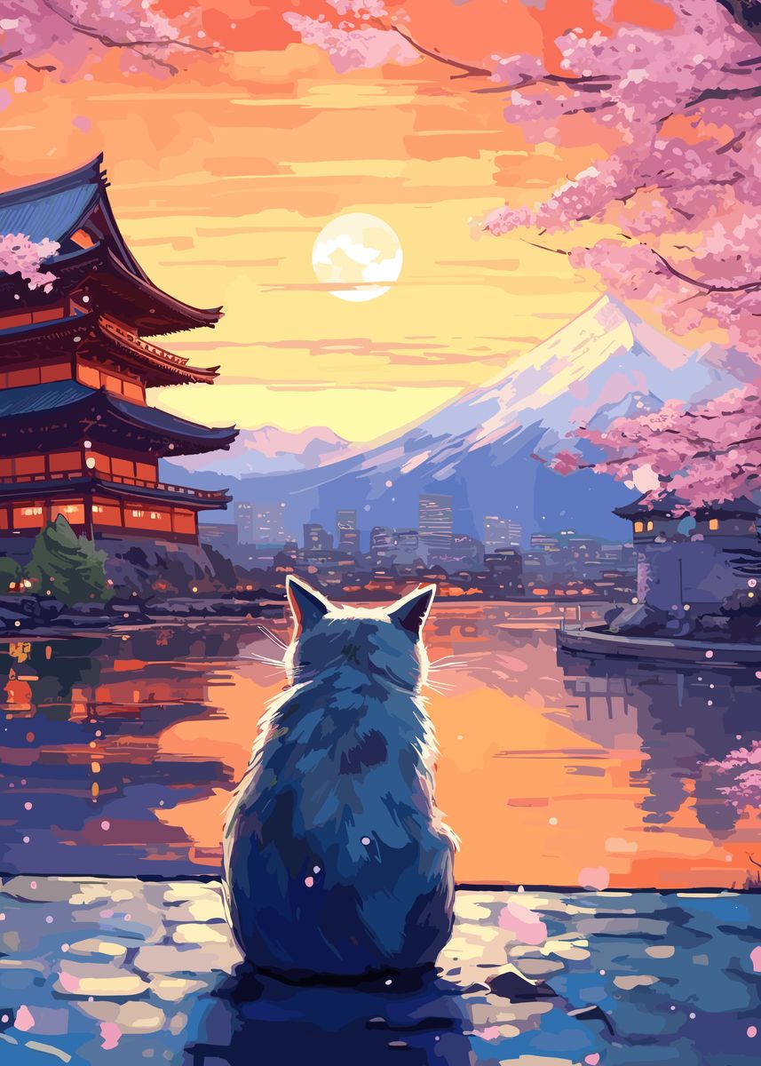 'The Moon Night Cat Japan' Poster, picture, metal print, paint by Ali ...