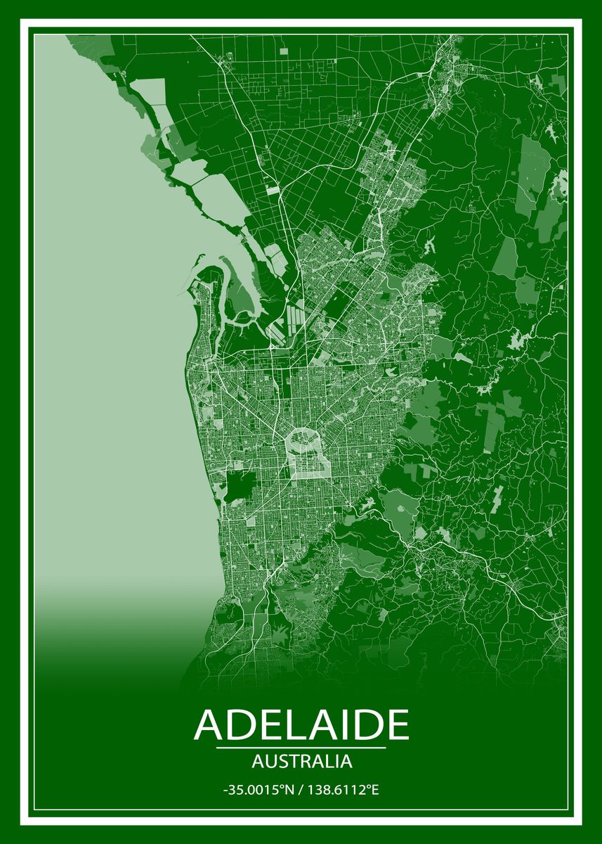 'Adelaide Green White Map' Poster, picture, metal print, paint by Wall ...