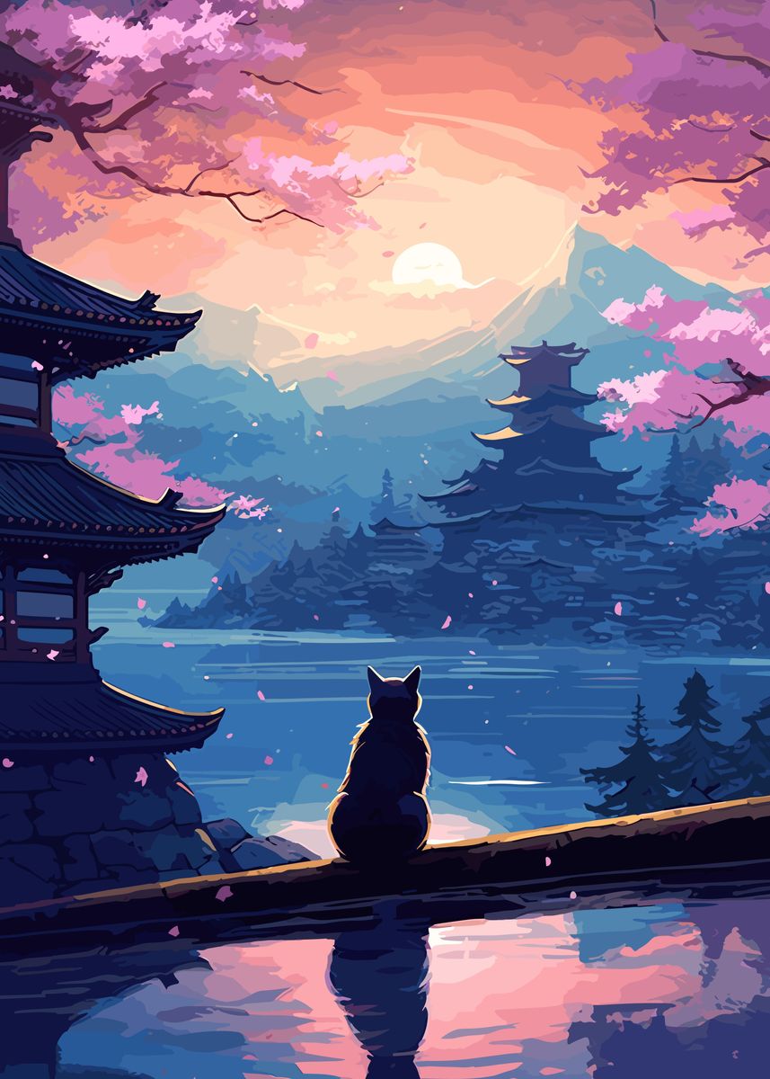 'The Moon Night Cat Japan' Poster, picture, metal print, paint by Ali ...