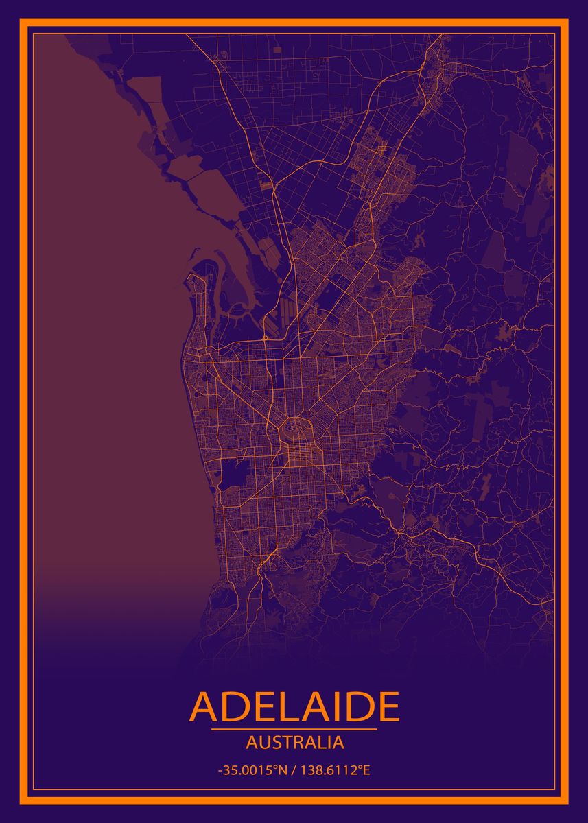 'Adelaide Purple Orange Map' Poster by Wall Art Physical | Displate
