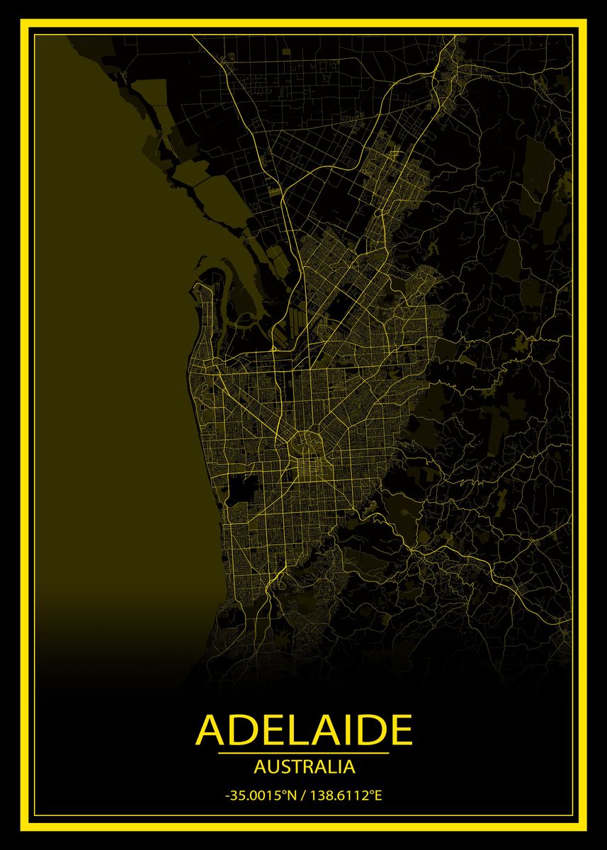 'Adelaide Yellow Black Map' Poster by Wall Art Physical | Displate