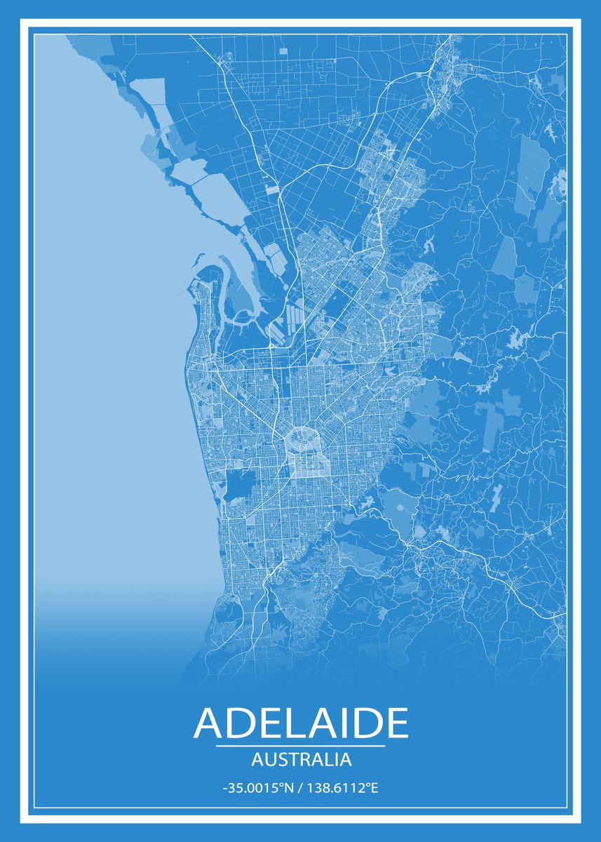 'Adelaide Blue White Map' Poster, picture, metal print, paint by Wall ...