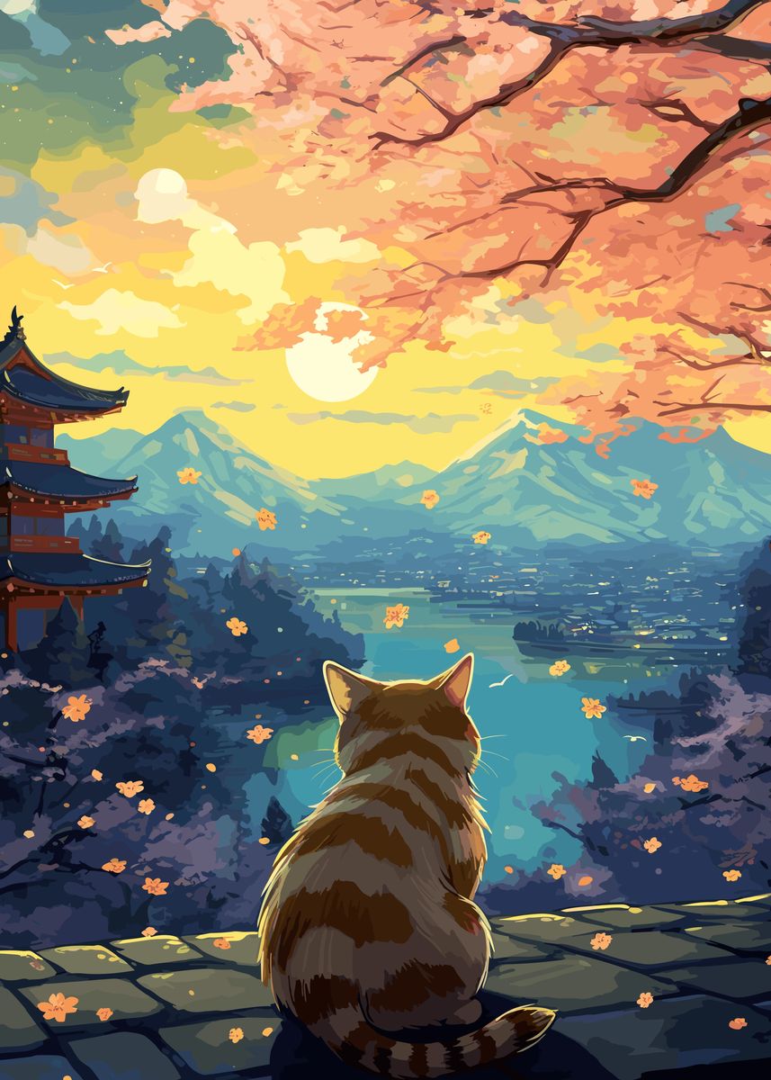 'The Moon Night Cat Japan' Poster, picture, metal print, paint by Ali ...