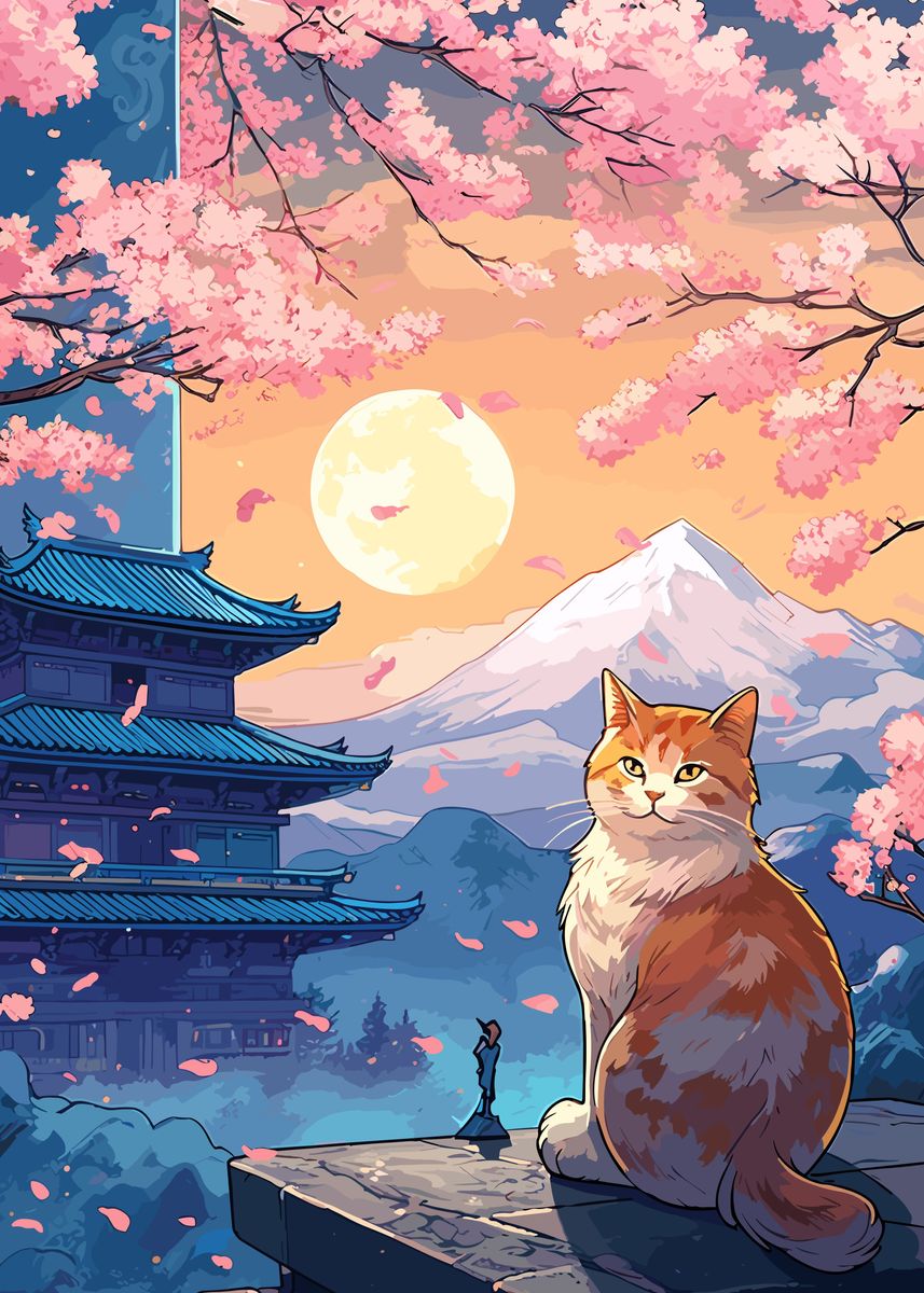 'The Moon Night Cat Japan' Poster, picture, metal print, paint by Ali Jane | Displate