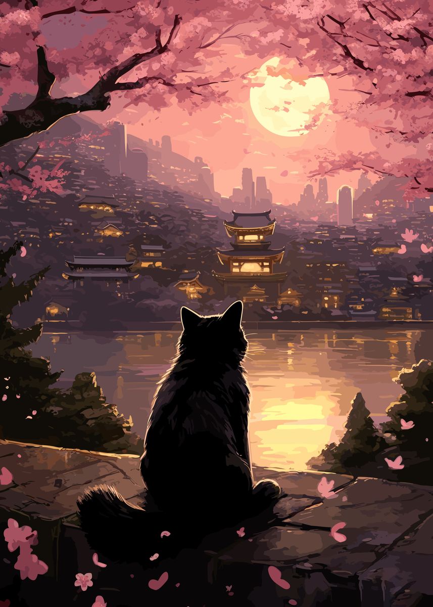 'The Moon Night Cat Japan' Poster, picture, metal print, paint by Ali ...