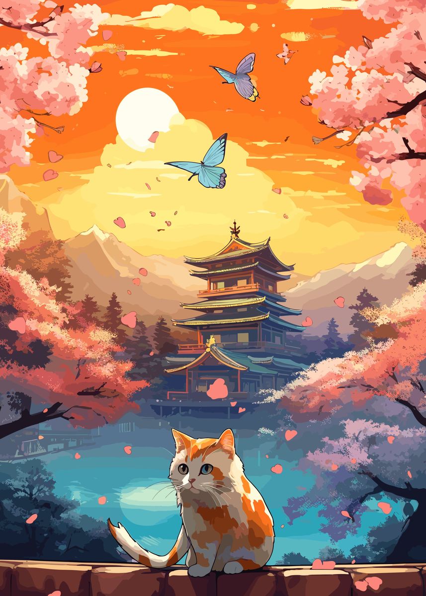 'The Moon Night Cat Japan' Poster, picture, metal print, paint by Ali Jane | Displate