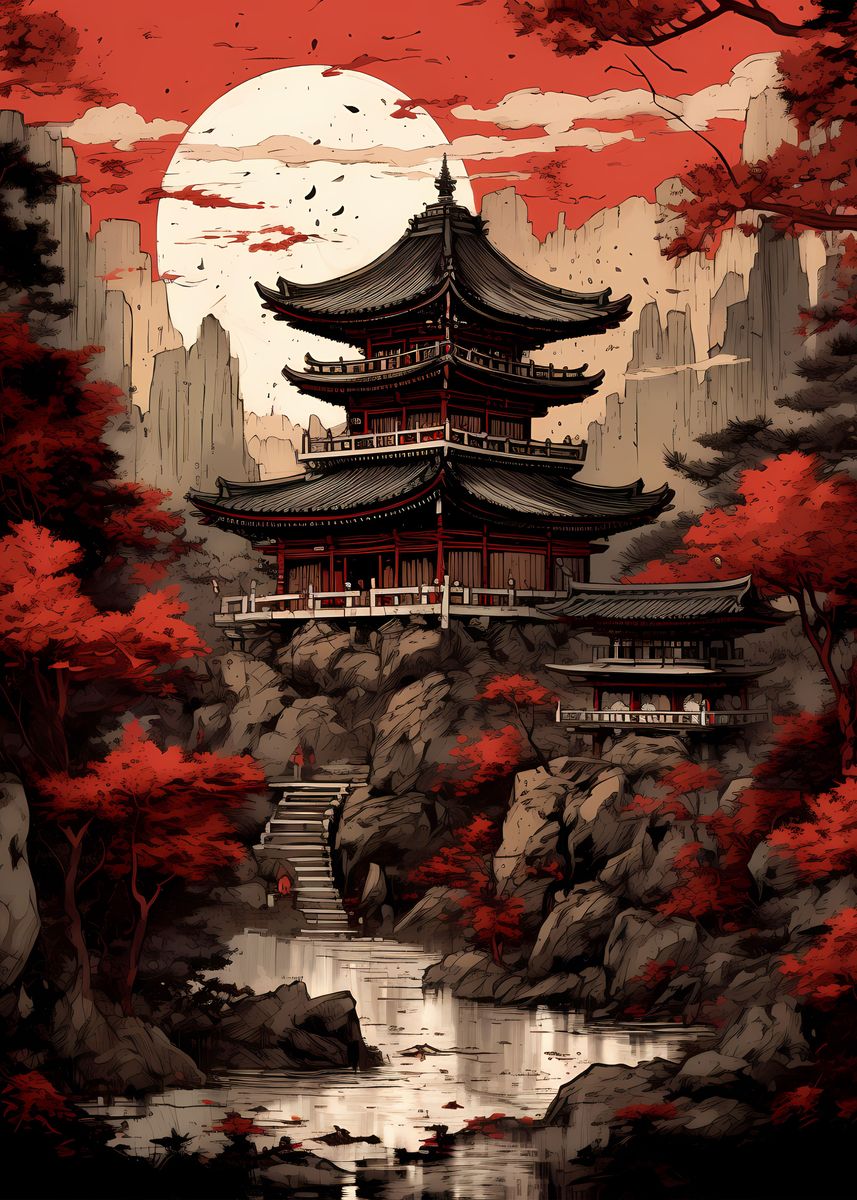 'Red night in Japan' Poster, picture, metal print, paint by ALEX ...