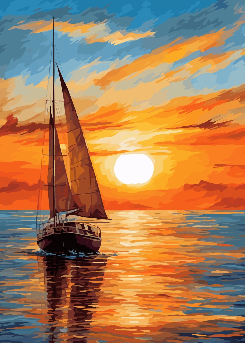 'Sailboat Sunset Painting' Poster, picture, metal print, paint by ...