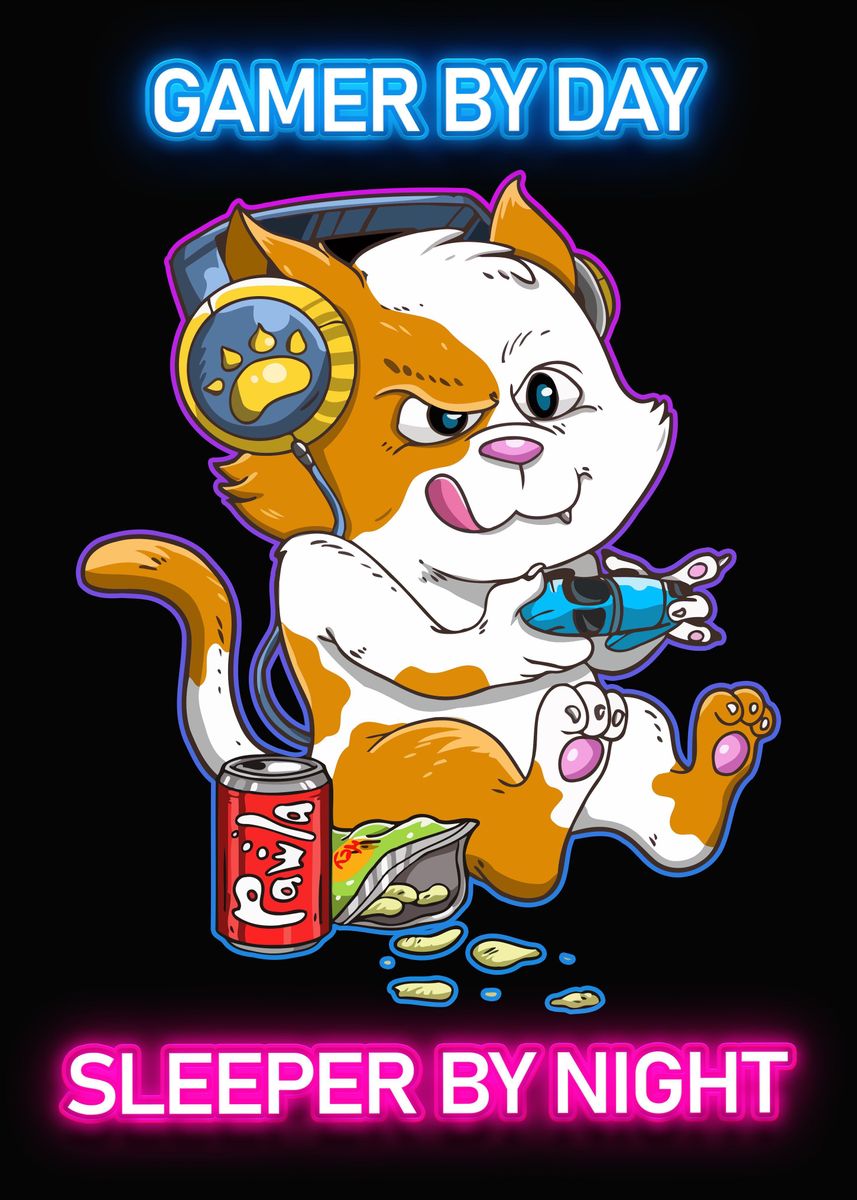 'Cat Gaming Neon Game' Poster, picture, metal print, paint by Love ...