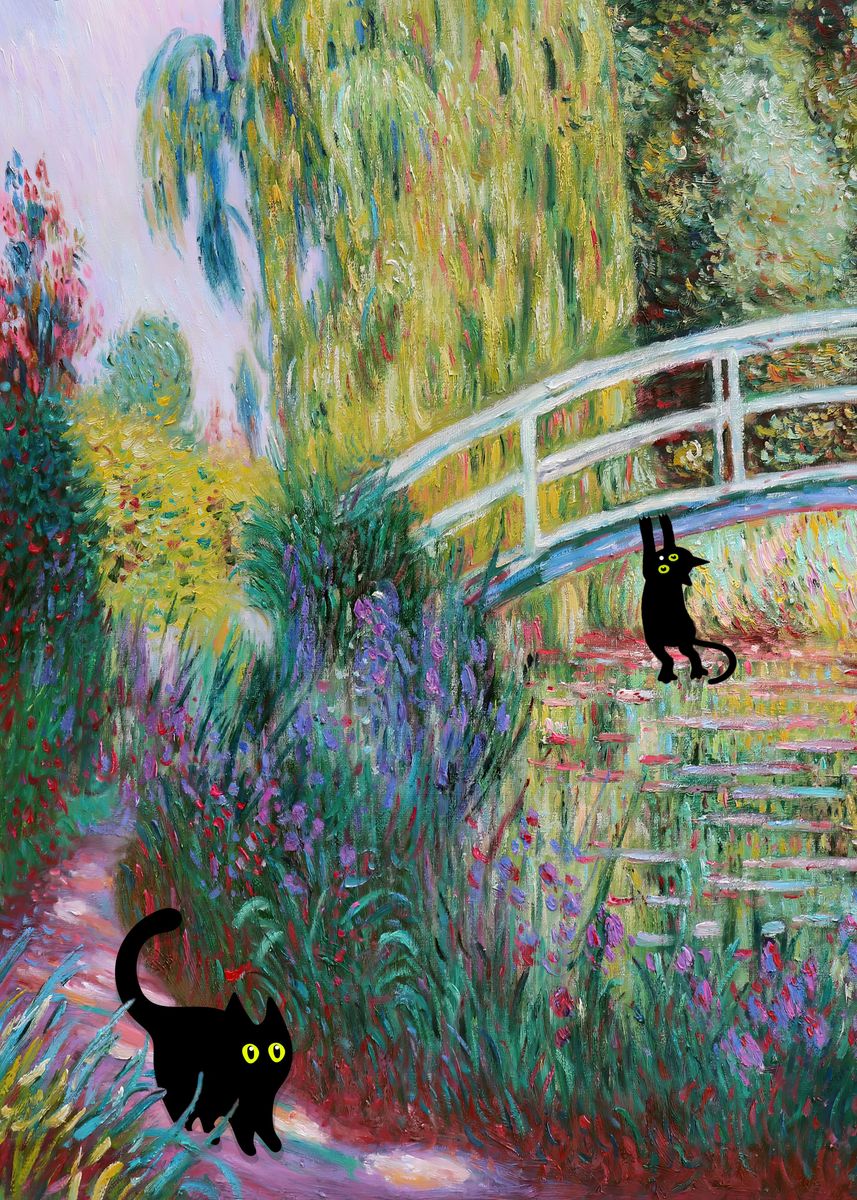 'BLACK Cat Monet WaterLily ' Poster, picture, metal print, paint by ...